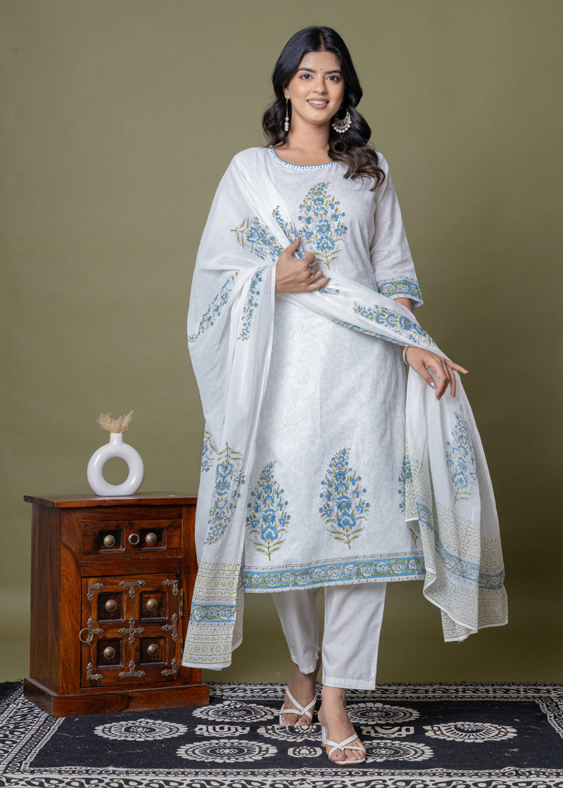 White Floral Printed Straight Suit Set – RUAATI